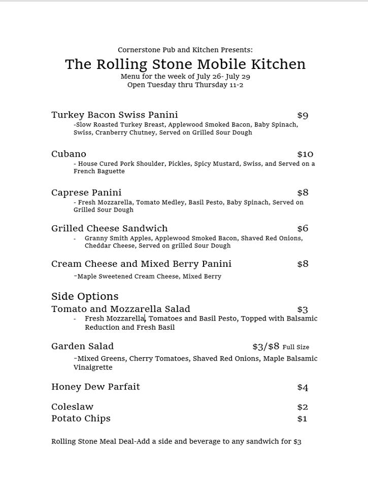 Menu at The Rolling Stone, Barre