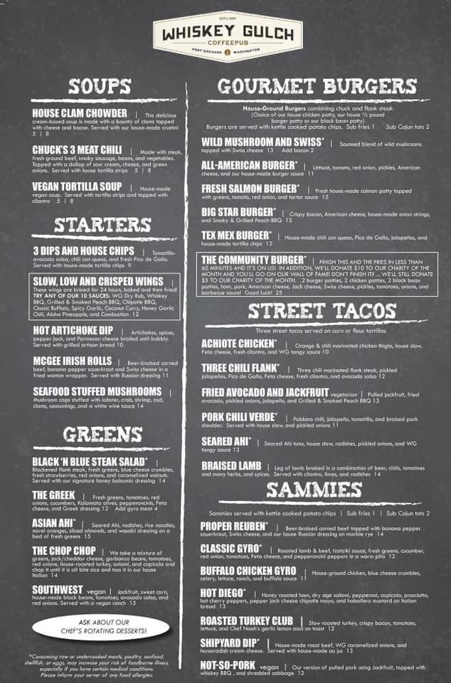 Menu at Whiskey Gulch CoffeePub, Port Orchard