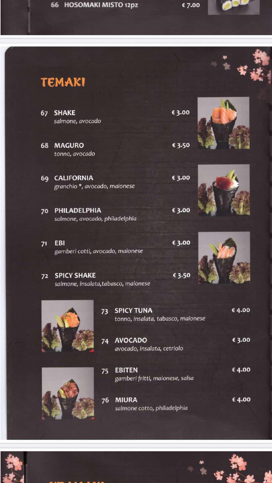Menu da Yuki Sushi ristorante, Concordia Sagittaria