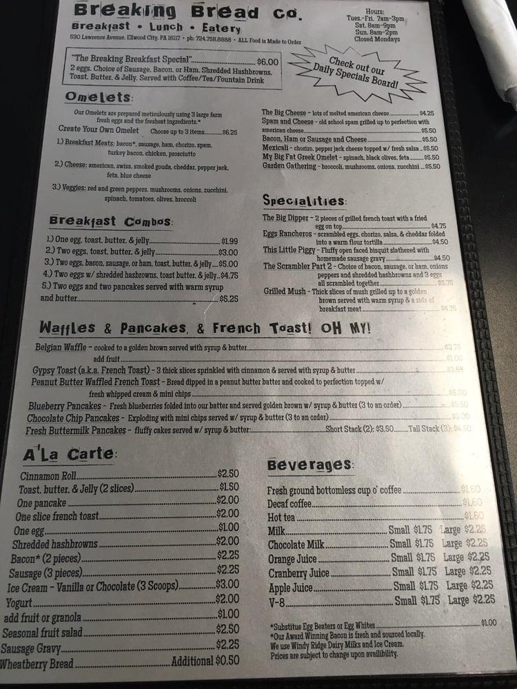 Menu at Breaking Bread Co. restaurant, Ellwood City