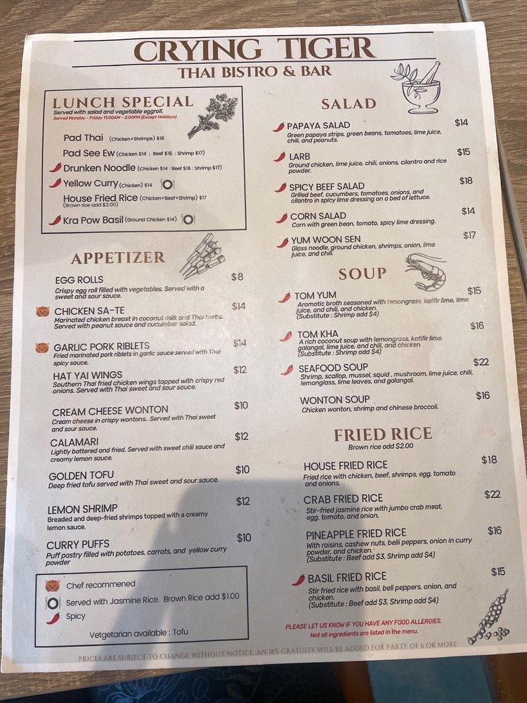 Menu at Crying Tiger Thai Bistro & Bar, Eastvale