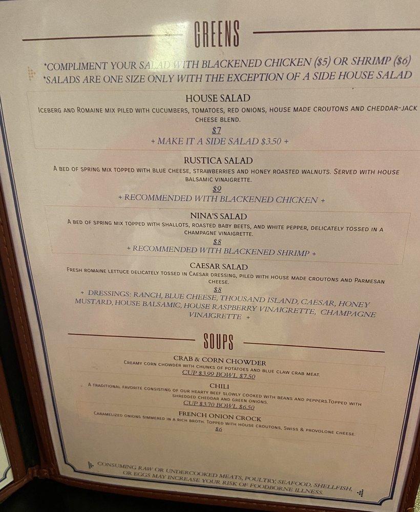 Menu at Nina’s Restaurant & Bar, Clayton