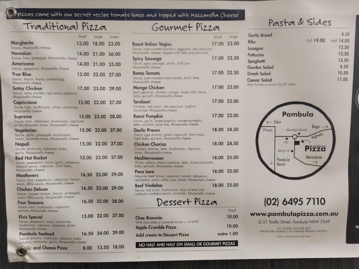 Menu at Pambula Pizza fast food, Pambula