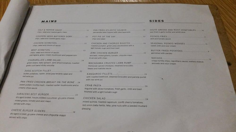 Menu at Saracens Head Hotel restaurant, Adelaide