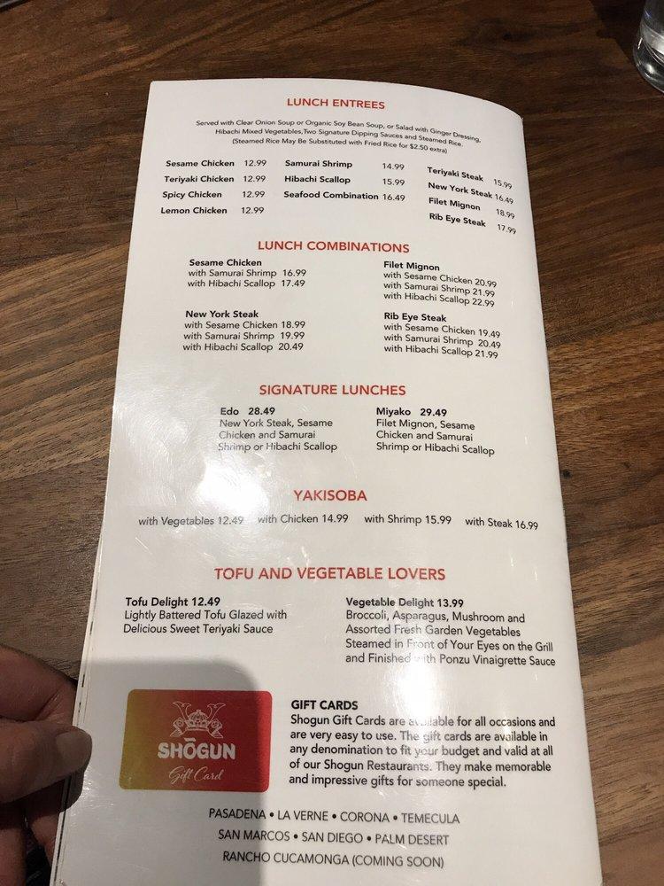 Menu at Shogun Restaurant, Palm Desert