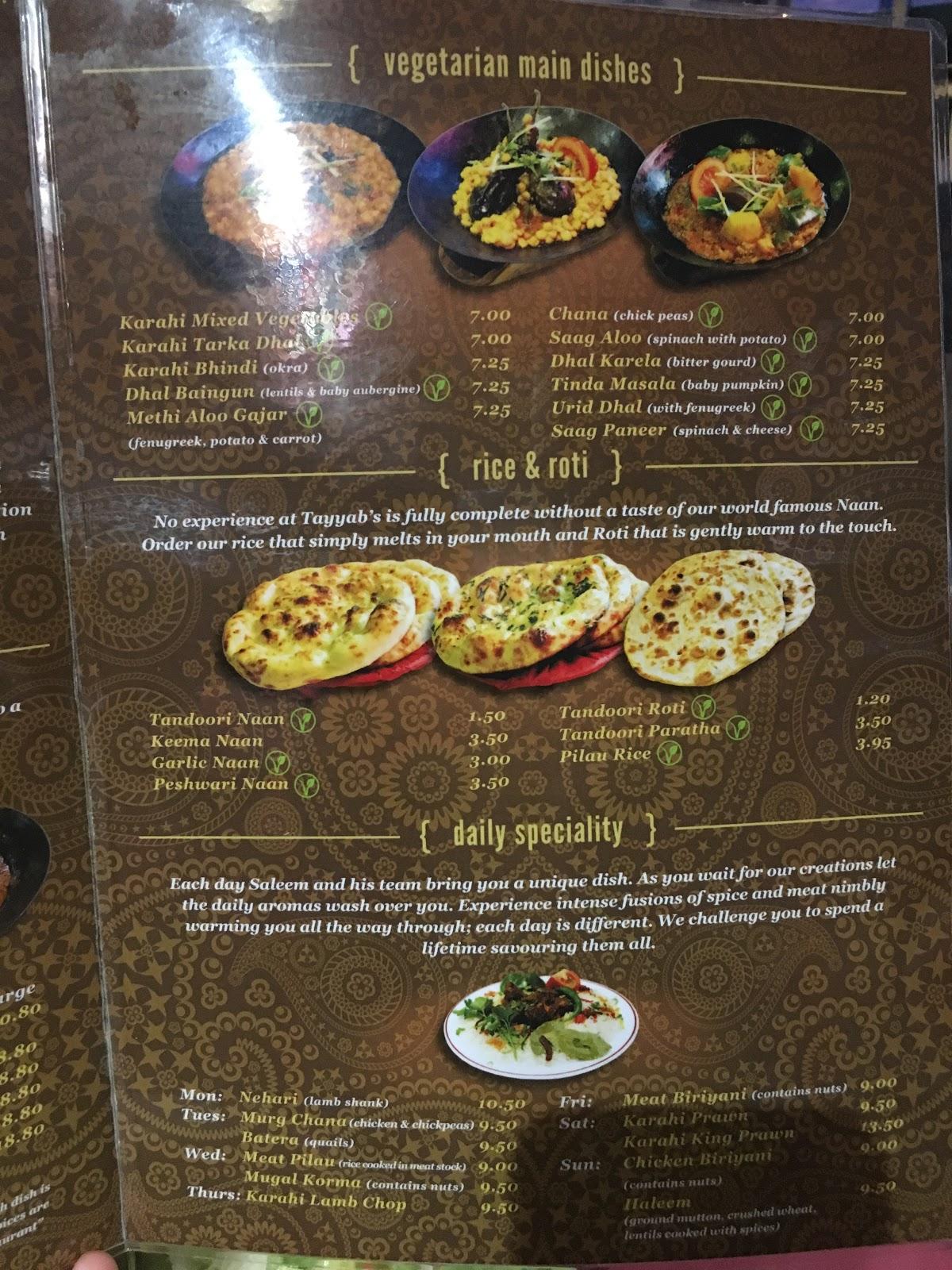 Menu at Tayyabs restaurant, London, 83-89 Fieldgate St