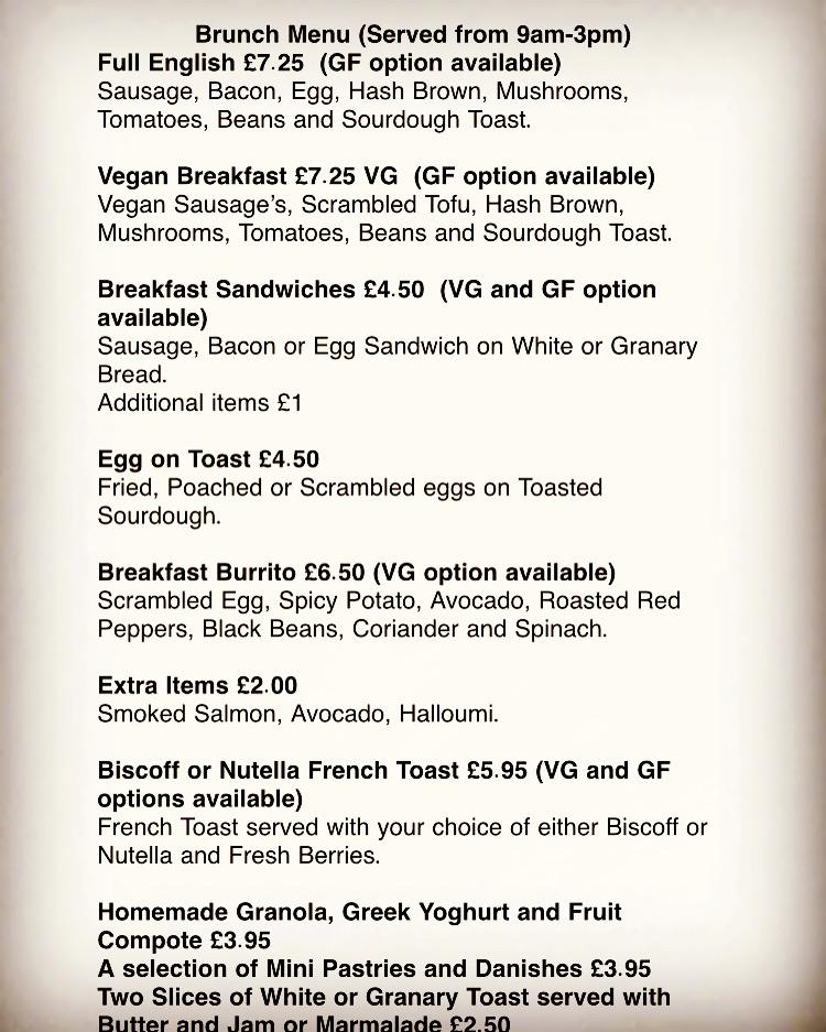 Menu at The Olive Branch cafe, Plymouth