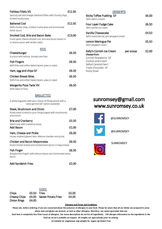 Menu at The Sun Inn pub & bar, Romsey