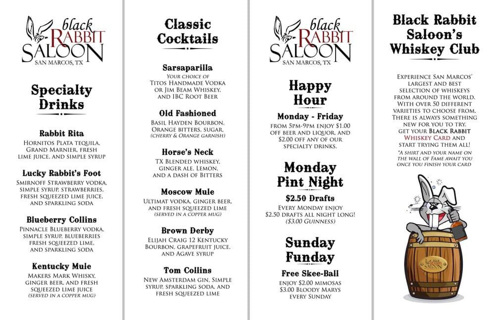 Menu at Black Rabbit Saloon pub & bar, San Marcos