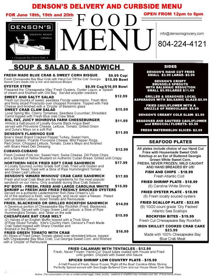 Carta del restaurante Denson's Chesapeake Bay Farm to Table Catering ...
