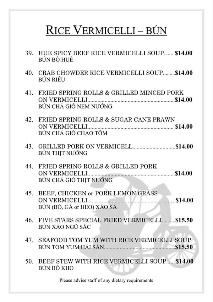 Menu at 5 Star restaurant, Christchurch, 250 Clyde Rd