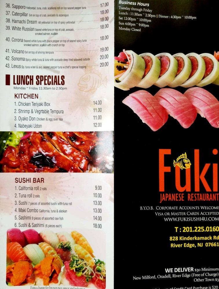 Menu at Fuki Sushi restaurant, River Edge