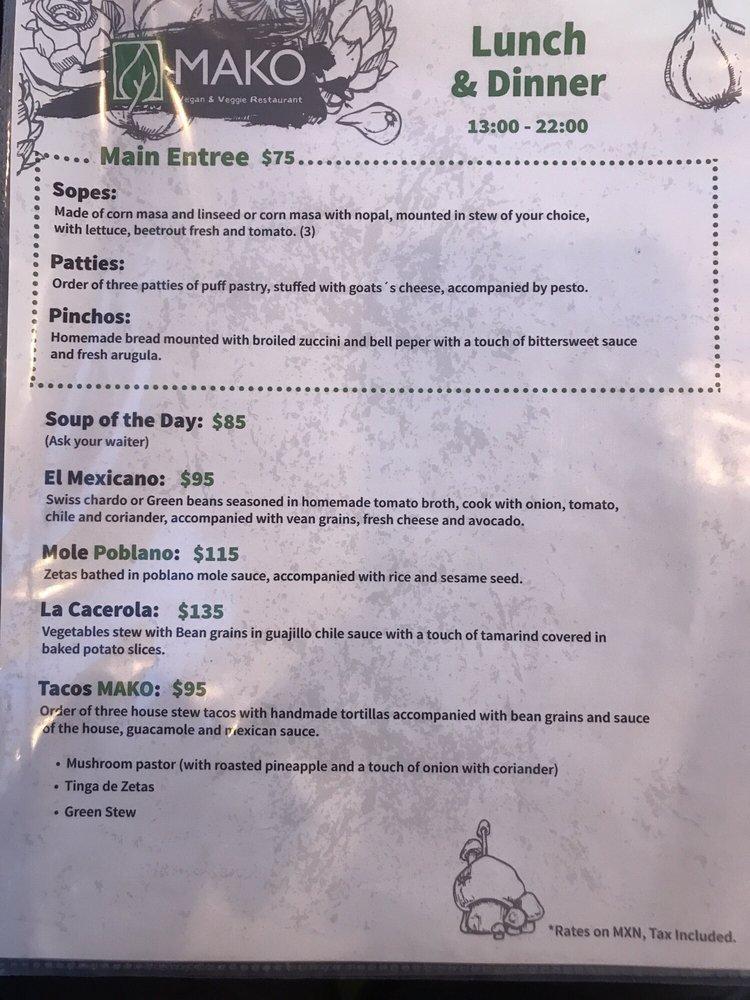 Menu at Mako pizzeria, Cabo San Lucas