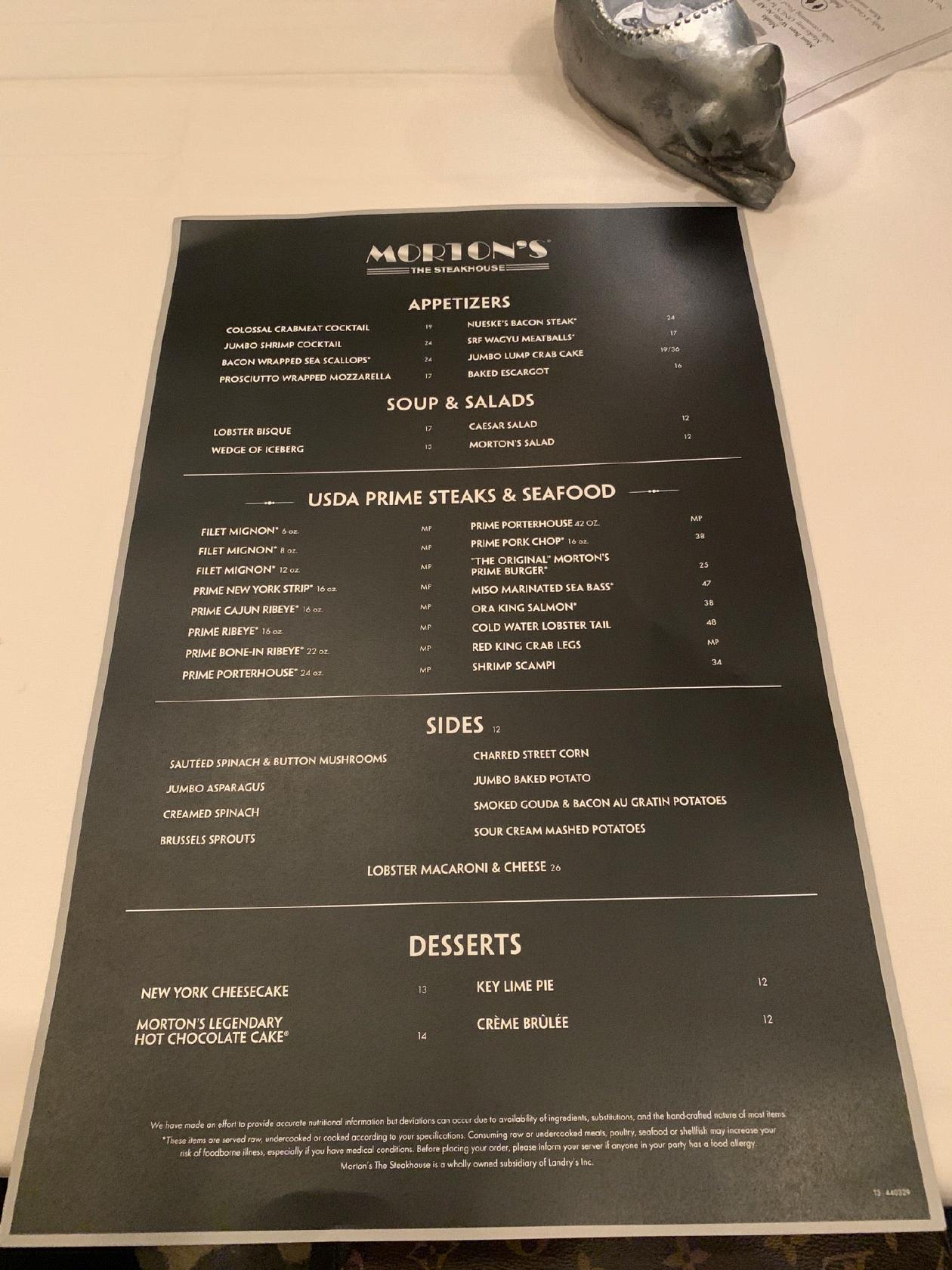 Menu at Morton's The Steakhouse, Atlantic City