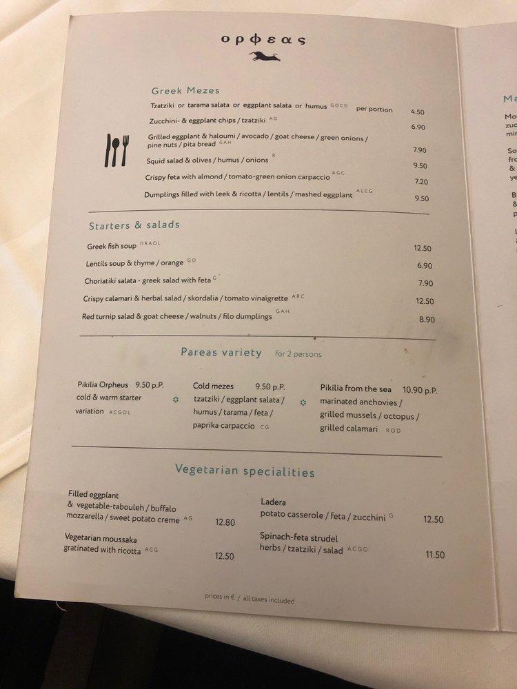 Speisekarte von Orpheas restaurant, Wien