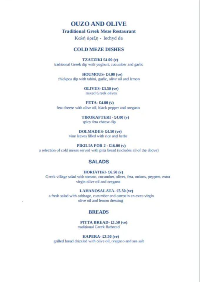 Menu at Ouzo & Olive restaurant, Caernarfon