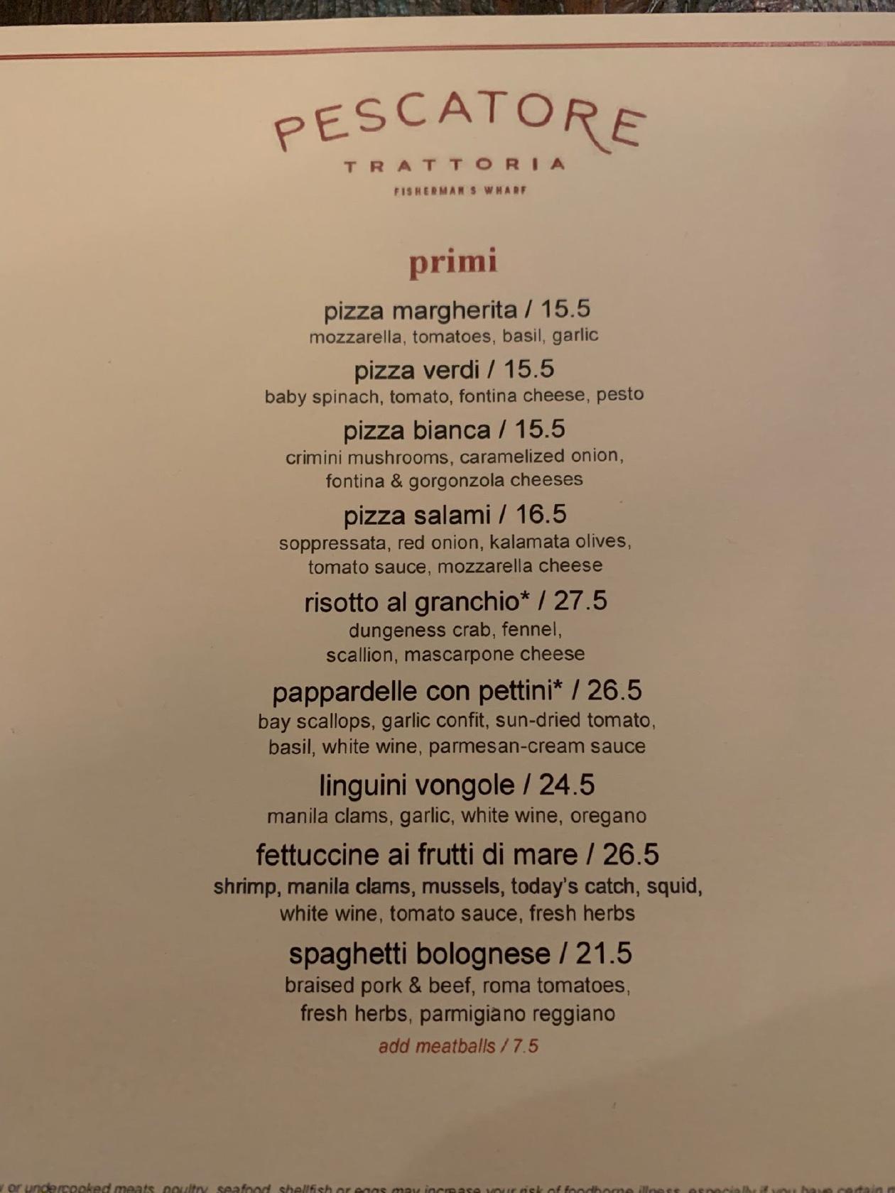Menu at Pescatore Trattoria restaurant, San Francisco, Mason St