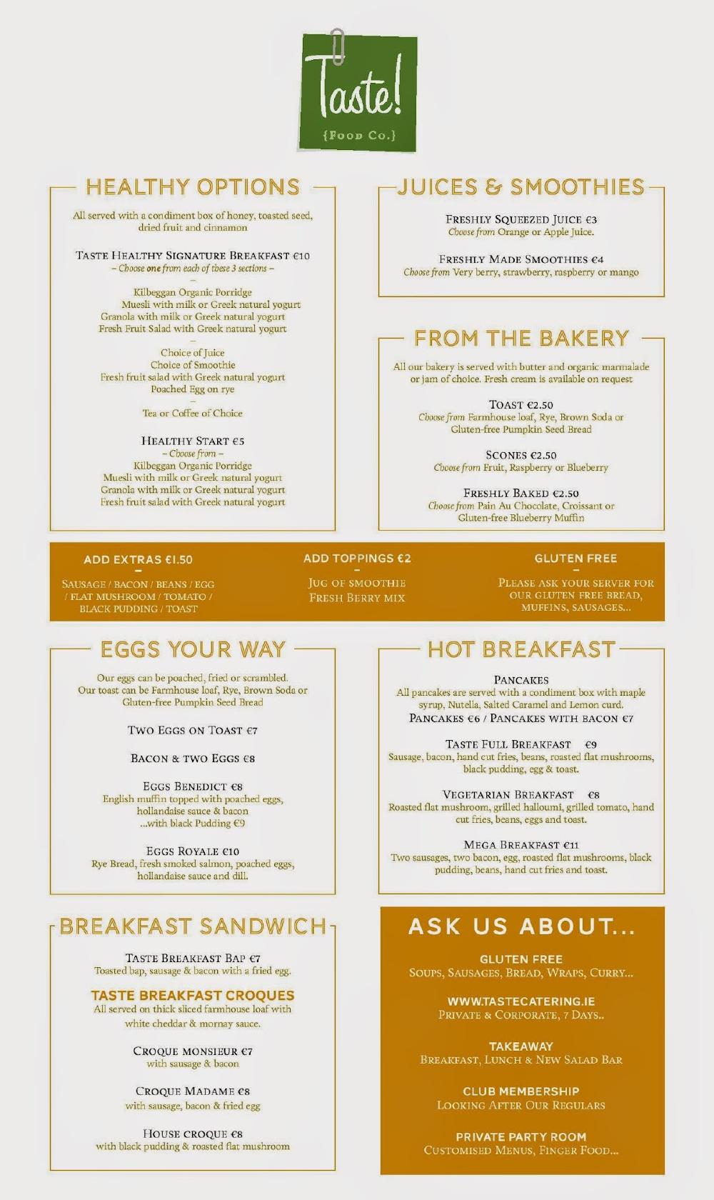 Menu at Taste Food Company steakhouse, Dublin