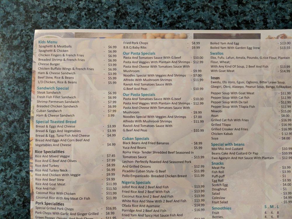 Menu at Tfk african restaurant, Tampa