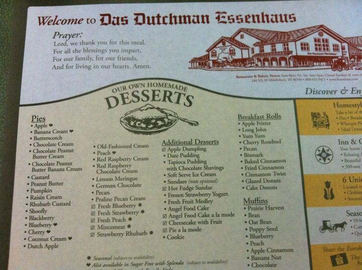 Menu at Das Dutchman Essenhaus restaurant, Middlebury, 240 US-20