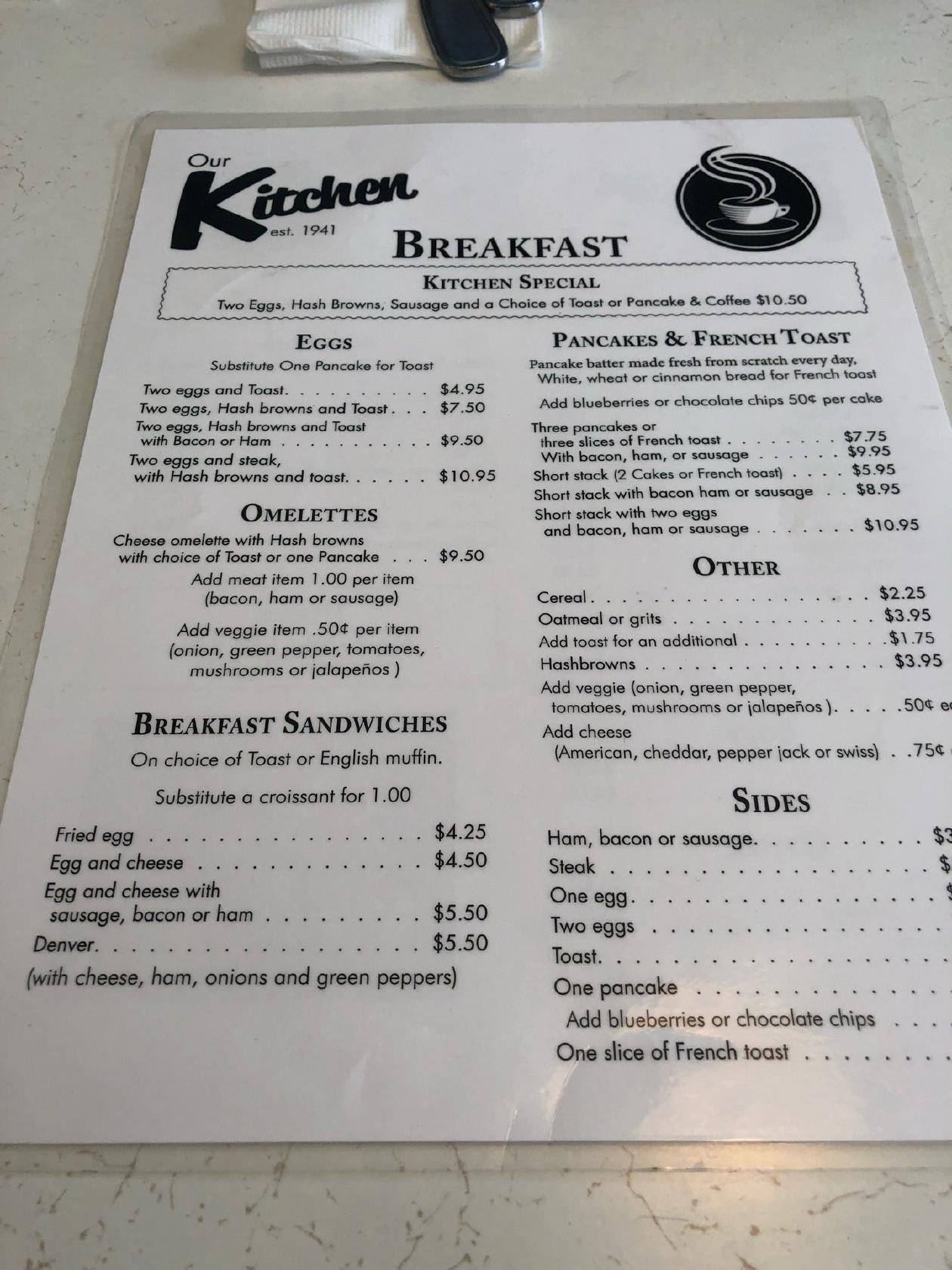 Menu at Our Kitchen restaurant, Minneapolis