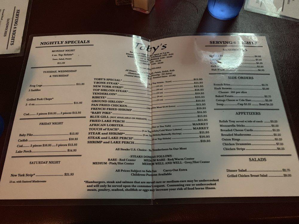 Menu at Toby's Supper Club, Madison