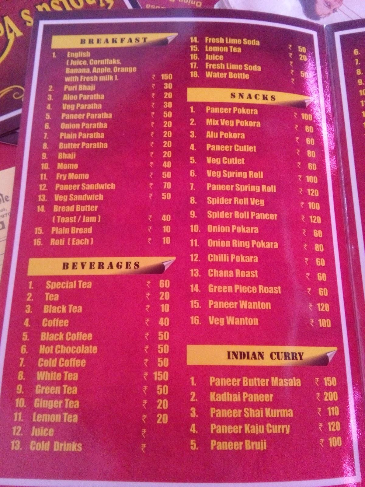 Menu at Yaotsu's Pure Veg and Non-Veg Restaurant, Kohima