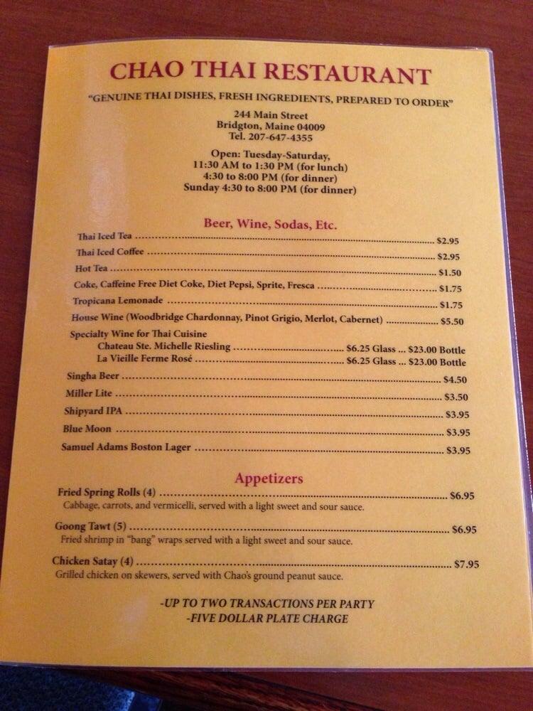 Menu at Chao Thai restaurant, Bridgton