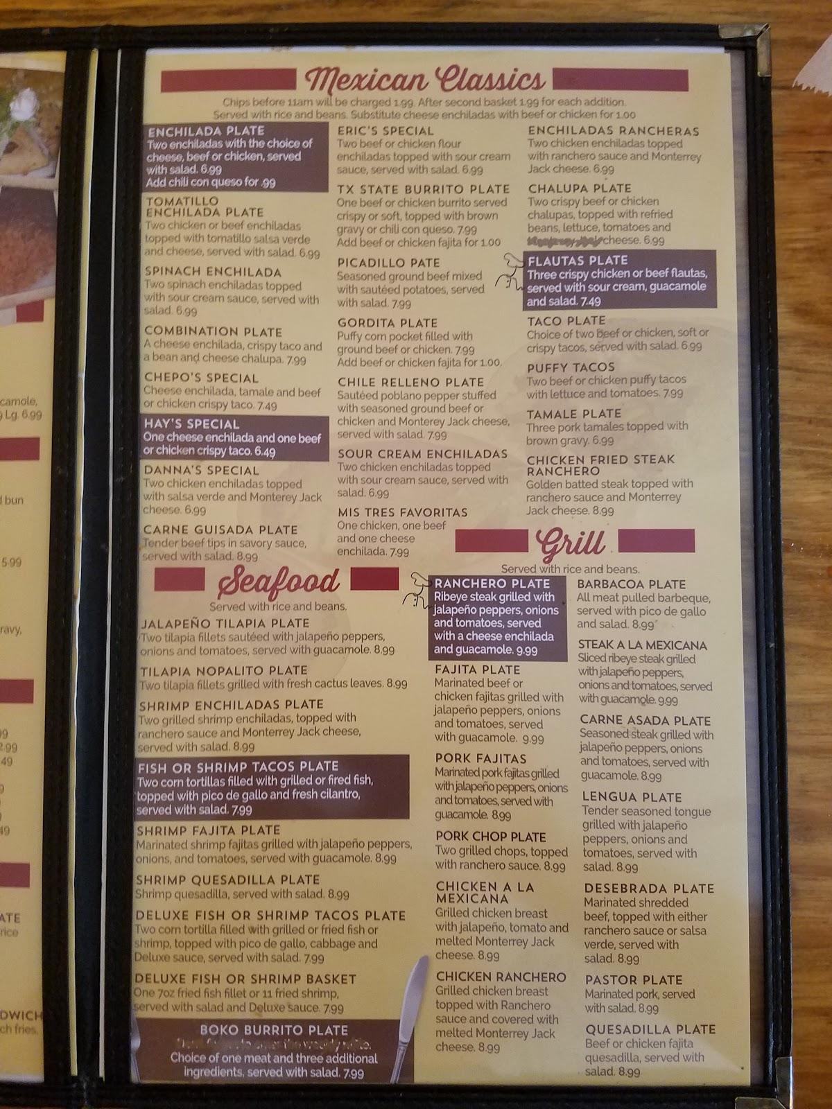 Menu at Chepo's Mexican Restaurant, San Marcos