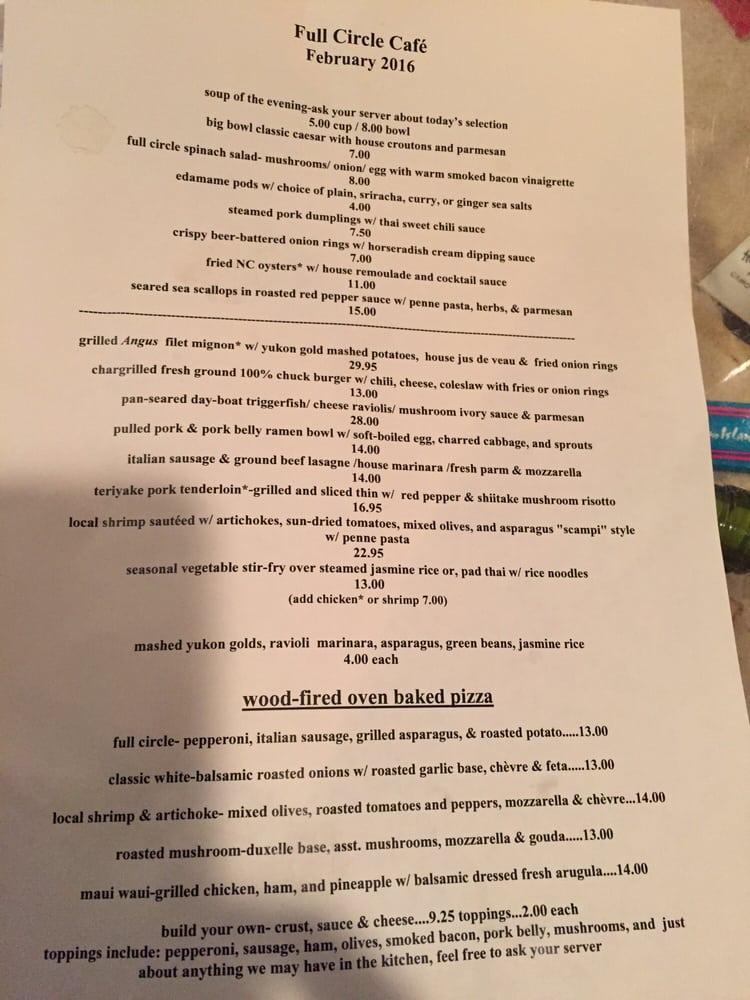 Menu at Full Circle Cafe, Morehead City