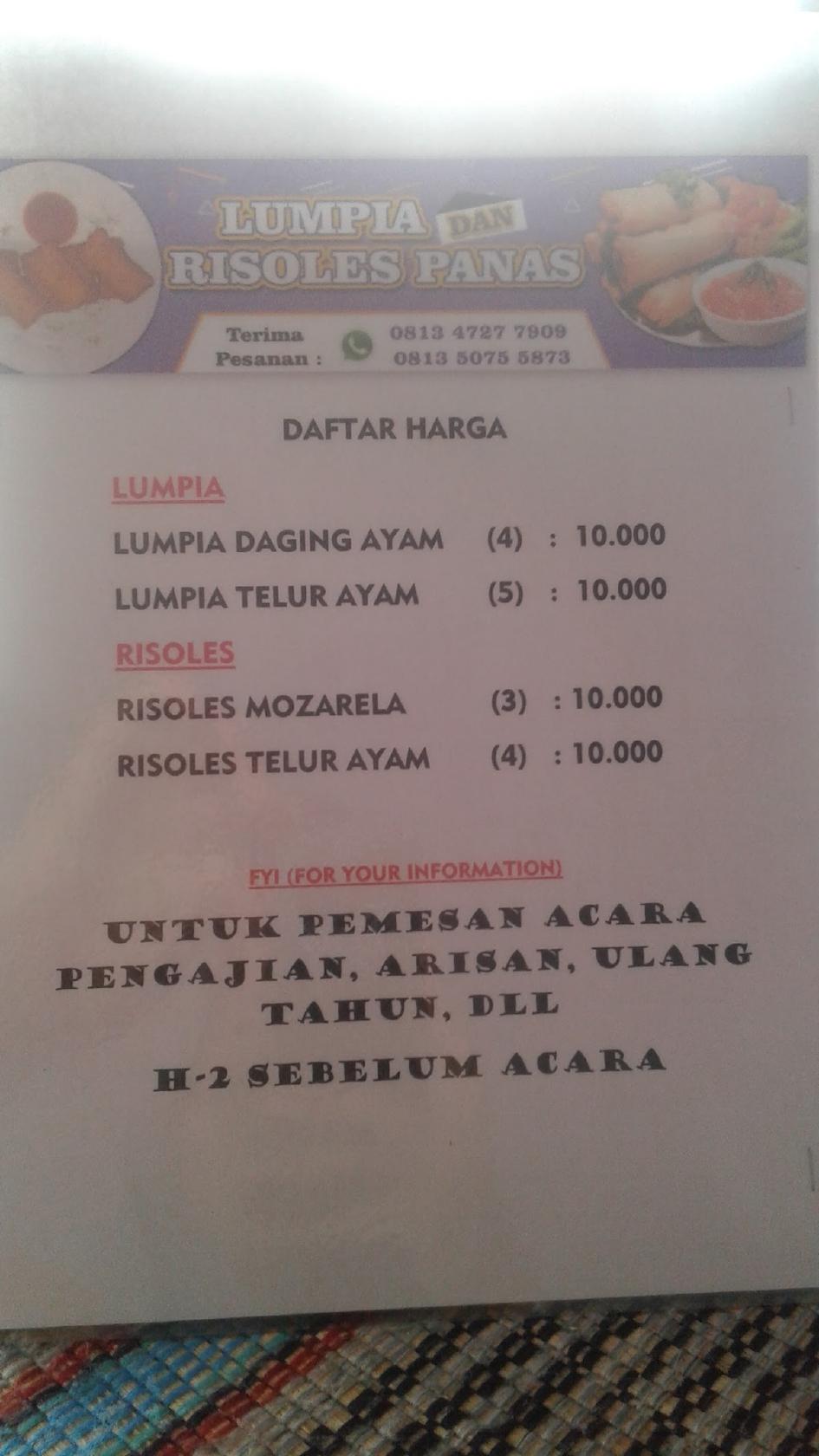 Menu at Gorengan Lumpia & Risoles Panas restaurant, Bontang