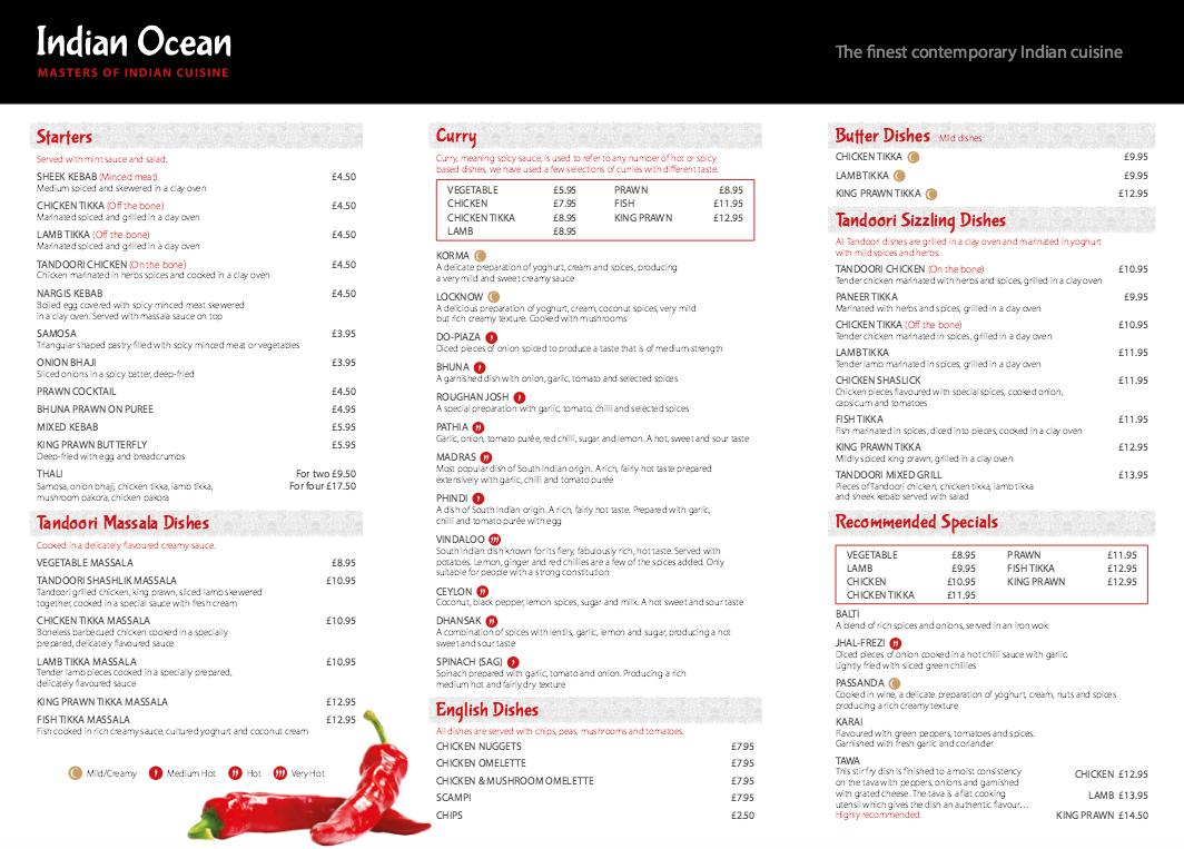 Menu at Indian Ocean restaurant, Bournemouth, 4 W Cliff Rd