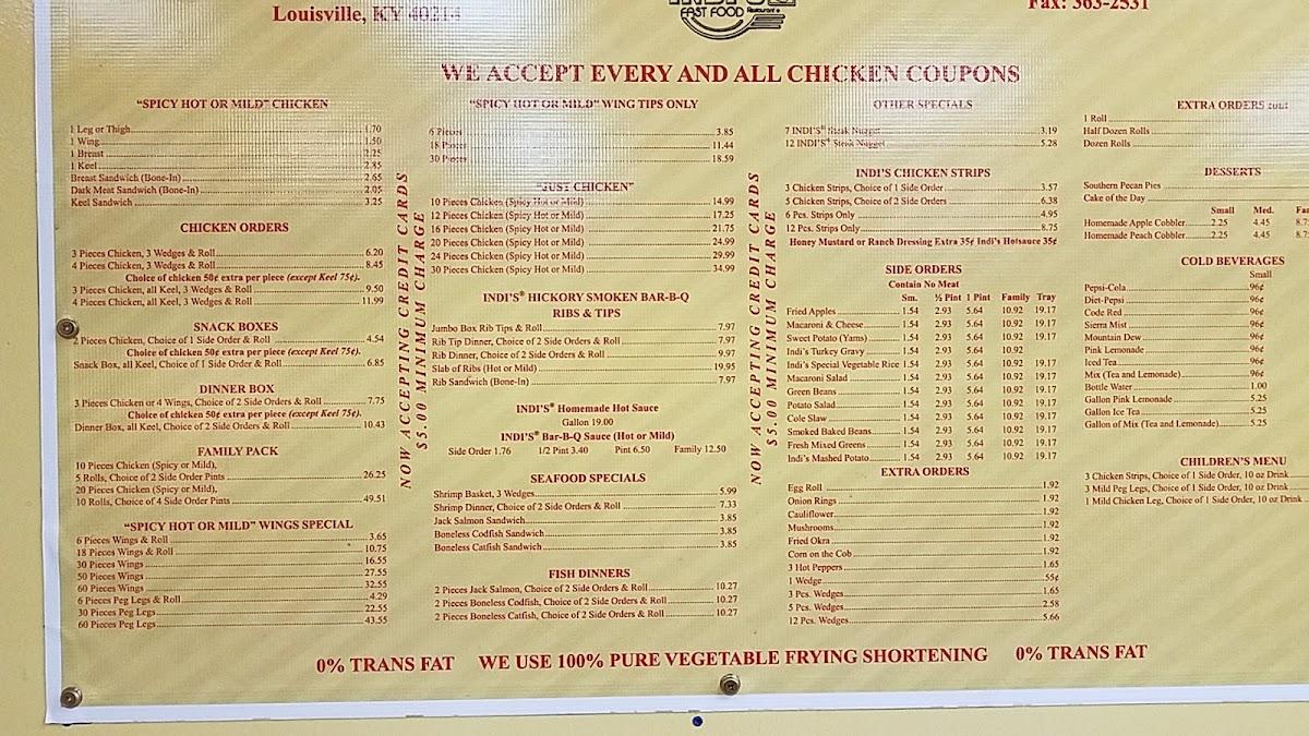 Menu at Indi's Fast Food Restaurant, Louisville, S 3rd St
