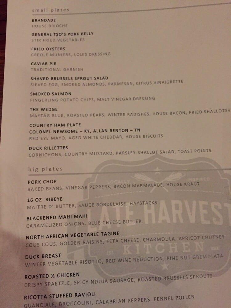 Menu at Late Harvest Kitchen restaurant, Indianapolis
