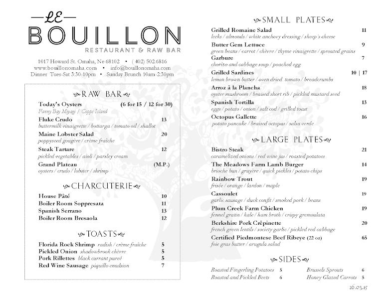 Menu at Le Bouillon restaurant, Omaha, Howard St