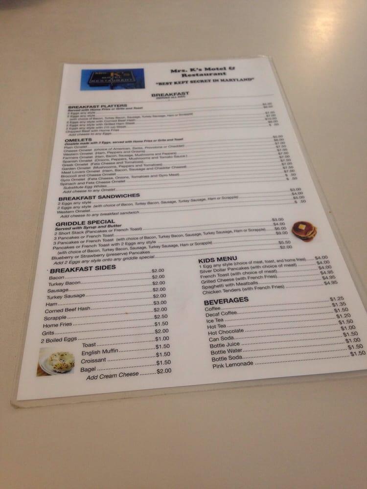 Menu at Mrs. K's Restaurant, Upper Marlboro