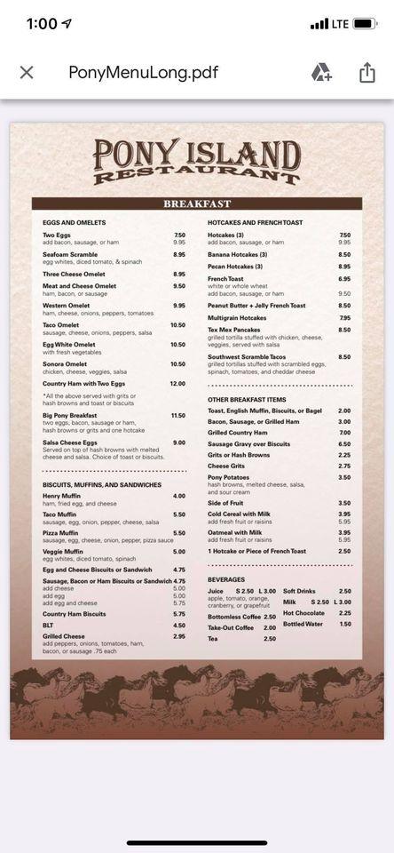 Menu at Pony Island Restaurant, Ocracoke, 51 Ocean View Rd