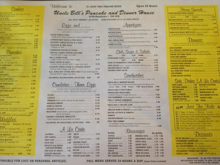 Menu at West County Uncle Bill's Pancake and Dinner House restaurant ...