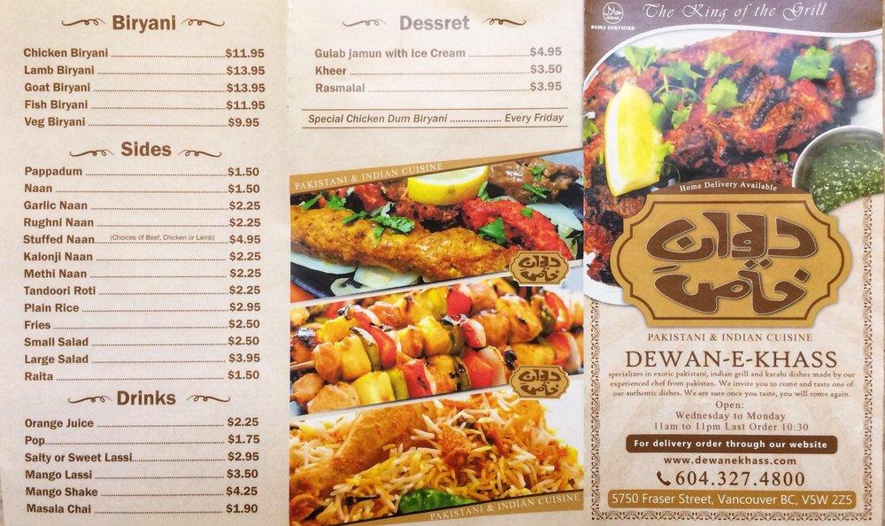 Menu at Dewan-E-Khass restaurant, Vancouver