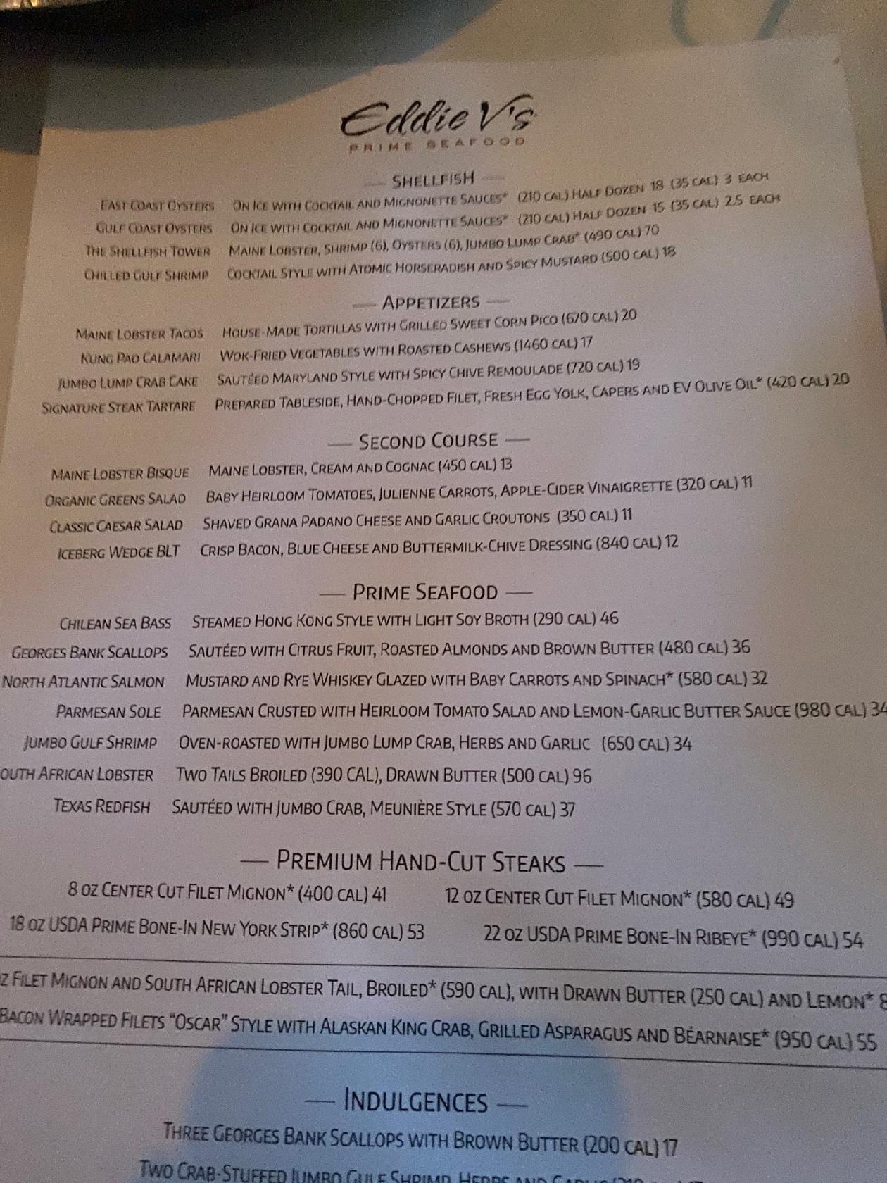 Menu at Eddie V's Prime Seafood steakhouse, Dallas
