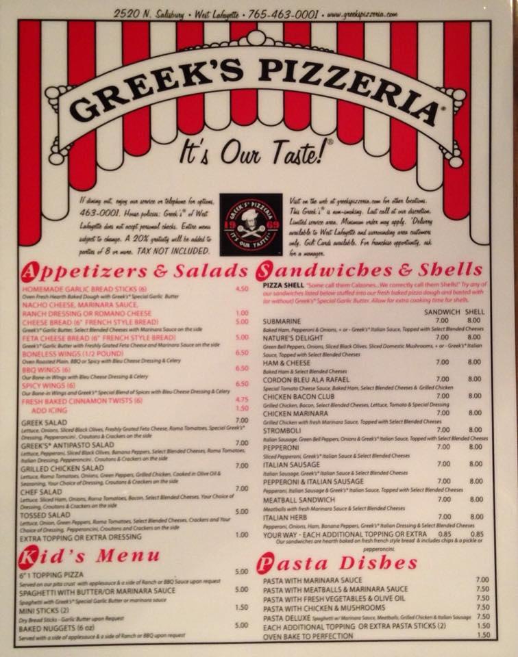 Menu at Greek's Pizzeria, West Lafayette