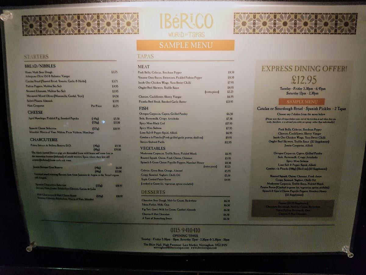 Menu at Iberico World Tapas restaurant, Nottingham