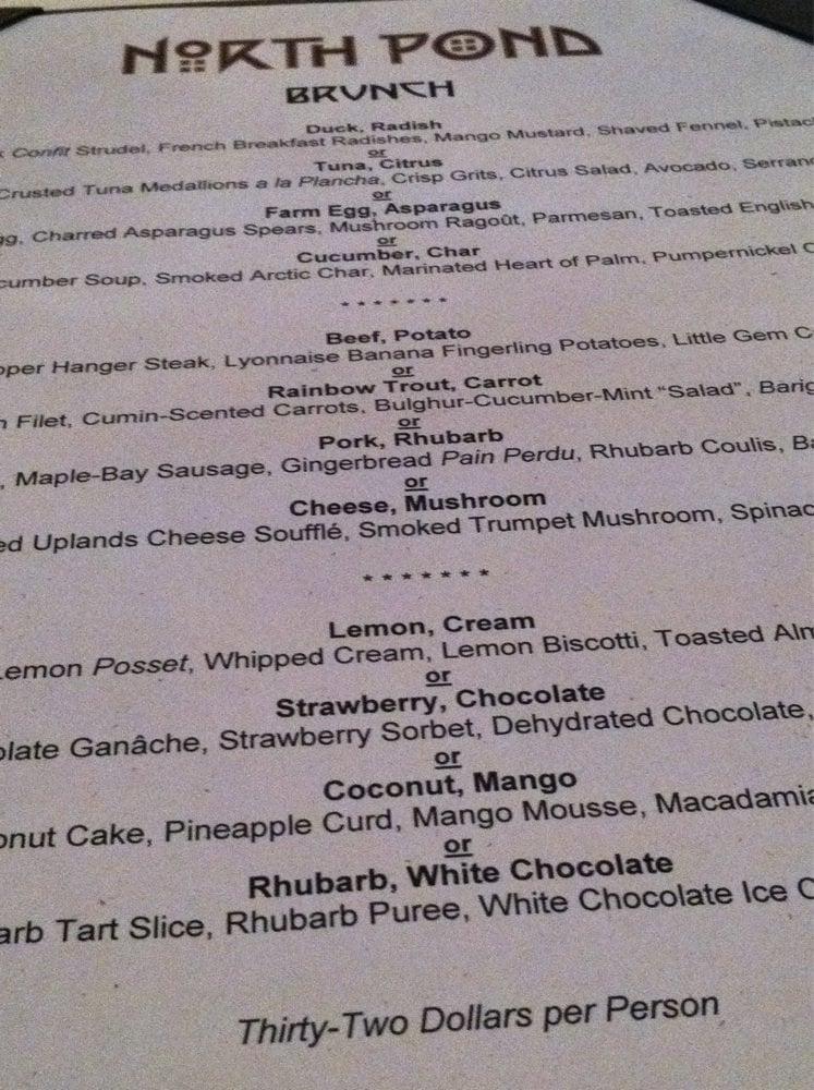 Menu at North Pond restaurant, Chicago