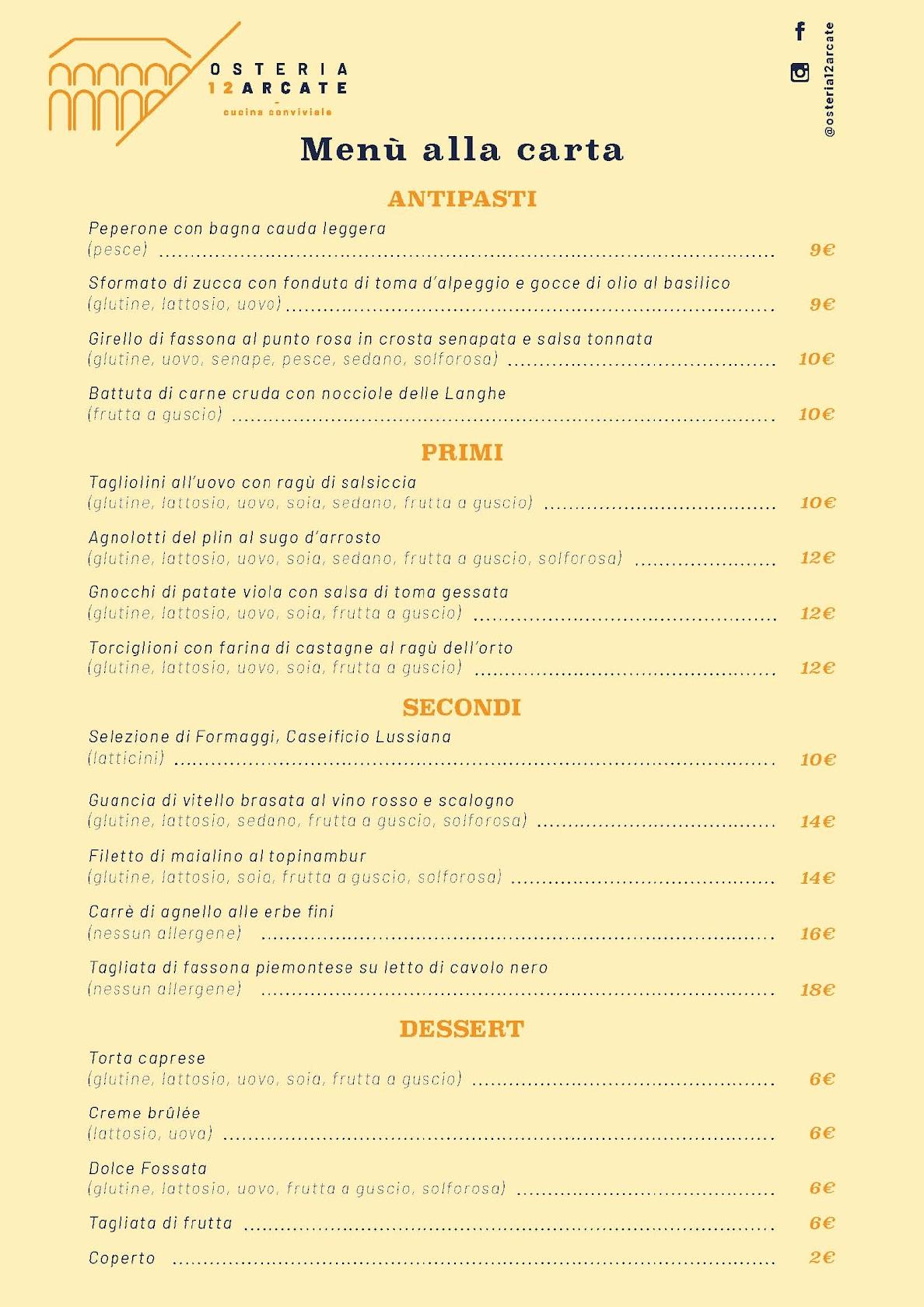 Menu at Osteria 12 Arcate restaurant, Turin
