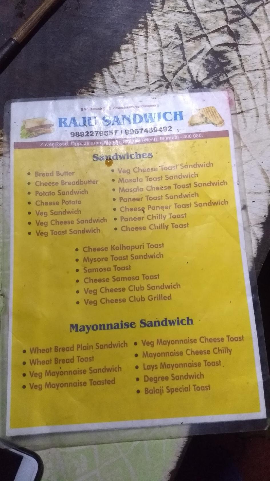 Menu at Raju Sandwich and burger corner, Mumbai