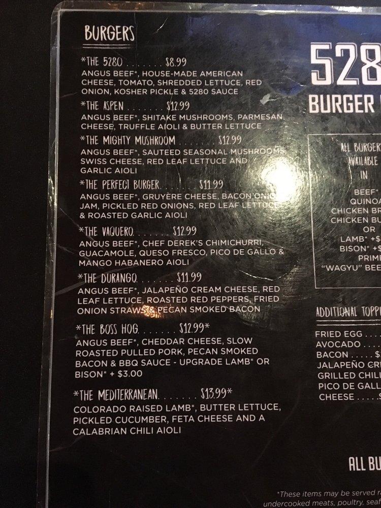 Menu at 5280 Burger Bar, Denver, 500 16th St Mall Suite 160