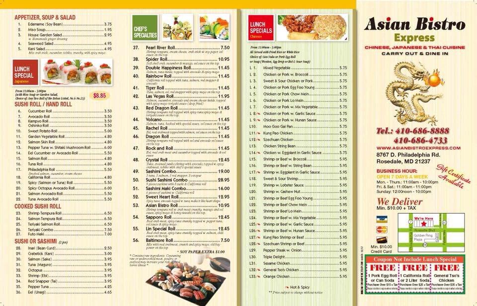 Menu at Asian Bistro Express restaurant, Rosedale, D Philadelphia Rd