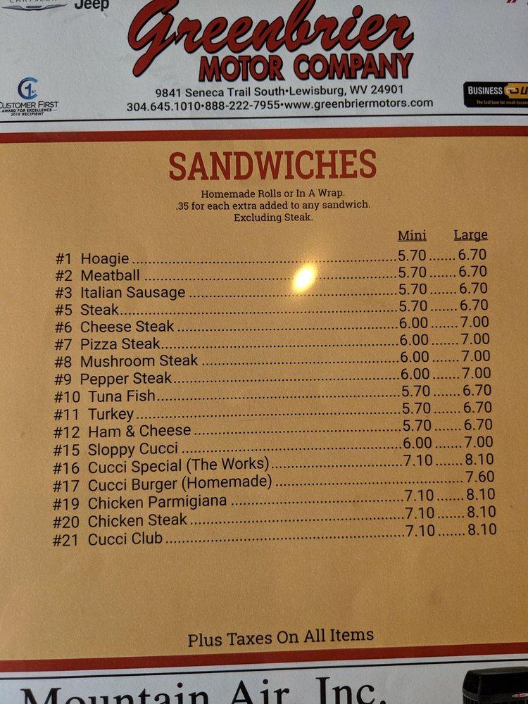 Menu at Cucci's Pizzeria, Covington