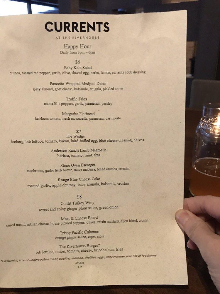 Menu at Currents at the Riverhouse restaurant, Bend