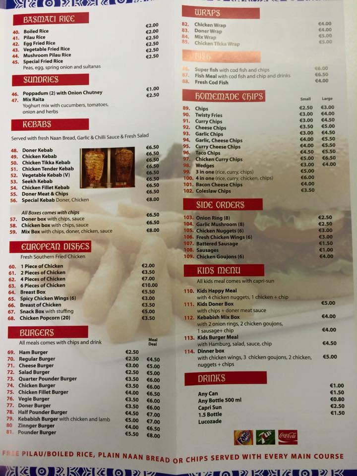 Carta del restaurante Dungarvan Kebabish, Dungarvan